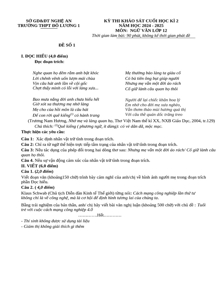 ĐỀ VĂN 12 CK2 BẢN 3 | PDF