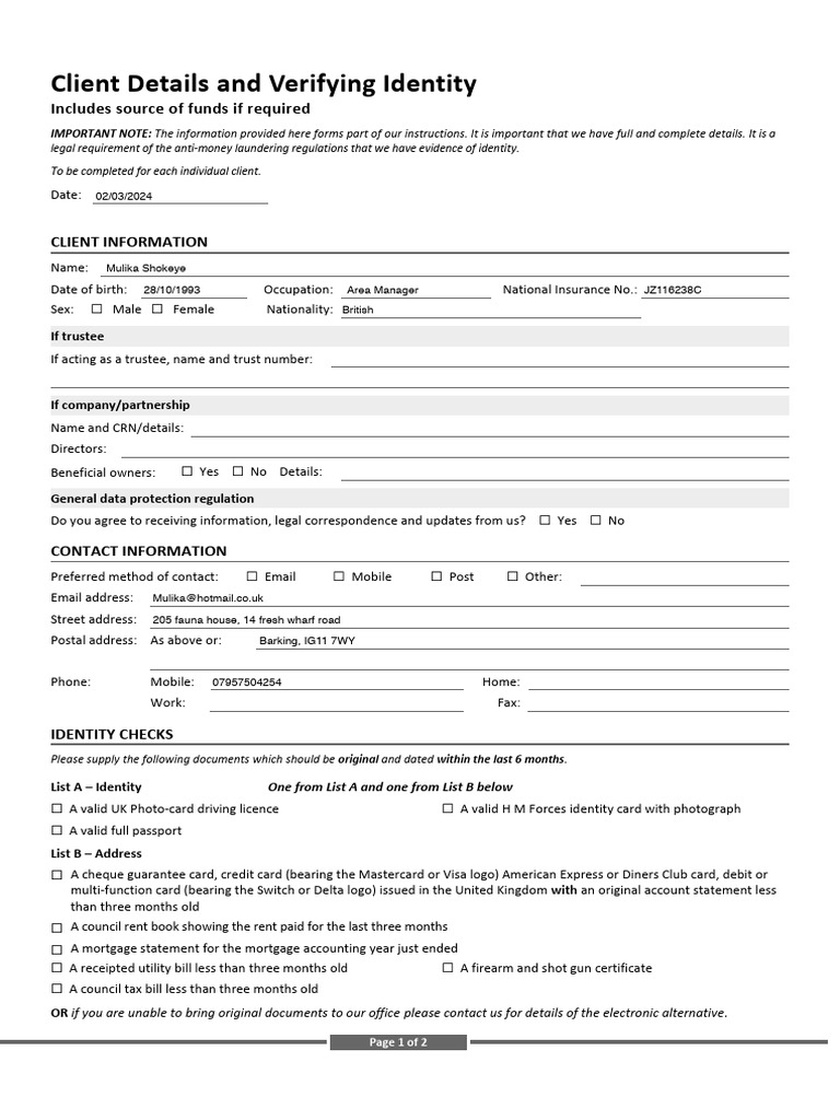 Client Details and Verifying Identity | PDF | Identity Document
