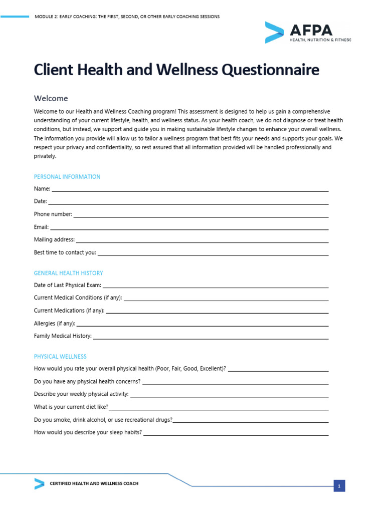 (Handout) Client Health and Wellness Assessment | PDF | Mental Health ...