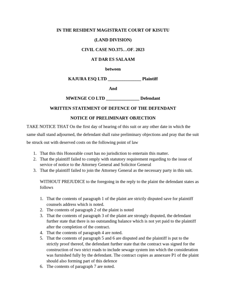 WRITTEN STATEMENT OF DEFENCE Emmma | PDF | Lawsuit | Common Law