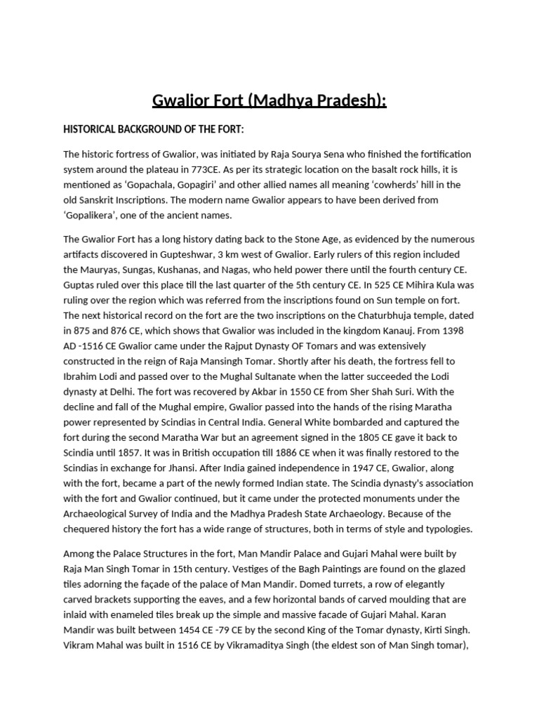 Gwalior Fort (Madhya Pradesh) :: Historical Background of The Fort | PDF