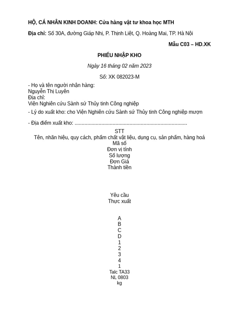 Phieu-Xuat-Kho Mư N 2023 | PDF