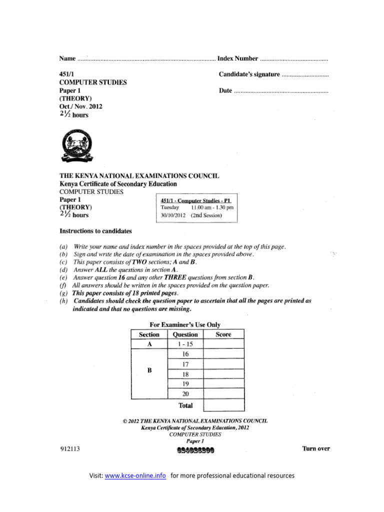 2012 Kcse Computer Paper 1 | PDF