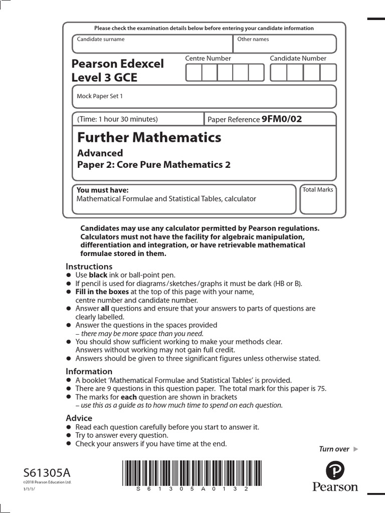 0s1 9FM0 02 Core Pure 2 Mock Set 1 PDF 2 | PDF | Area | Mathematics