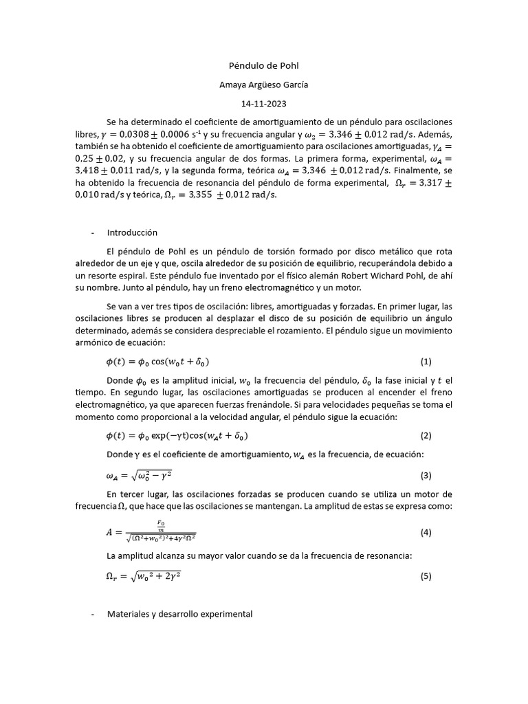 Coeficientes y Frecuencias del Péndulo de Pohl | PDF | Oscilación | Péndulo