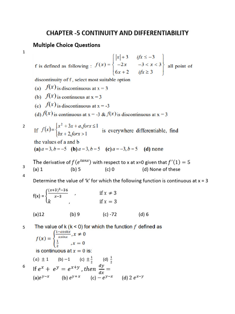 Question Bank _ Continuity and Differentiability | PDF | Mathematics | Mathematical Analysis
