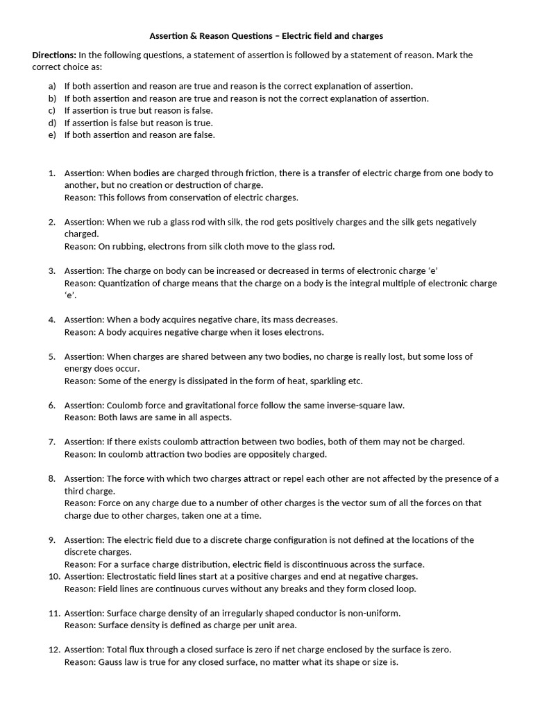 Assertion & Reason Questions on Charges | PDF | Electric Charge ...