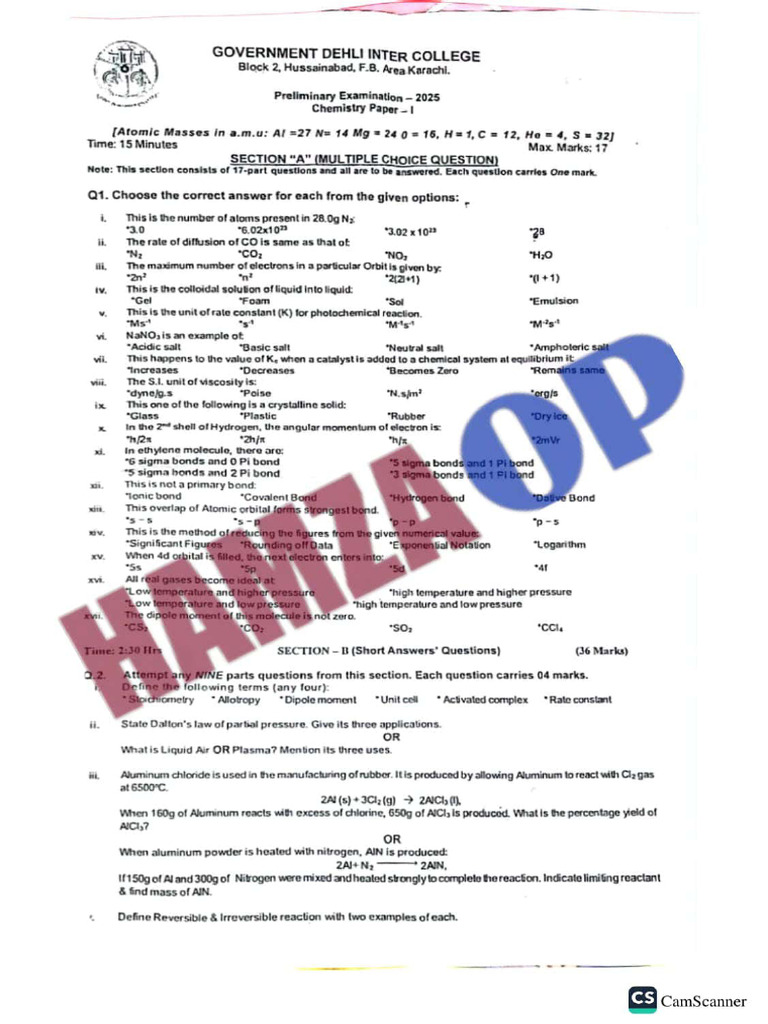XI - CHEMISTRY DEHLI CLG PRELIUM 2025 - HAMZA OP | PDF