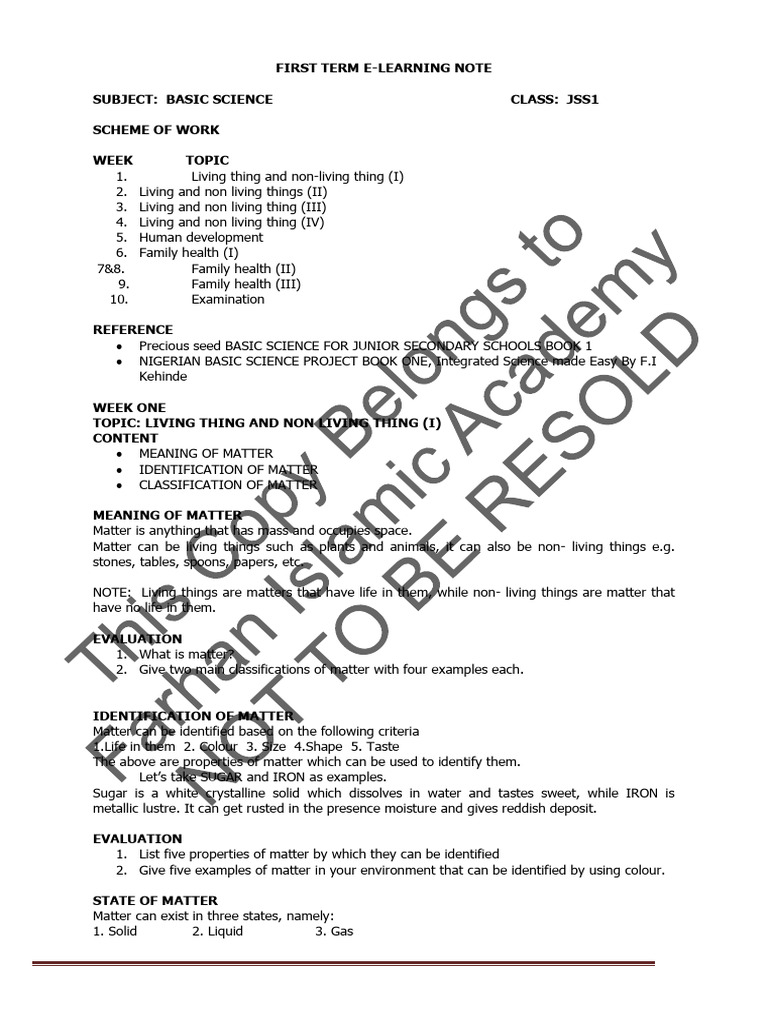 1ST Term J1 Basic Science-1 | PDF | Foods | Gases