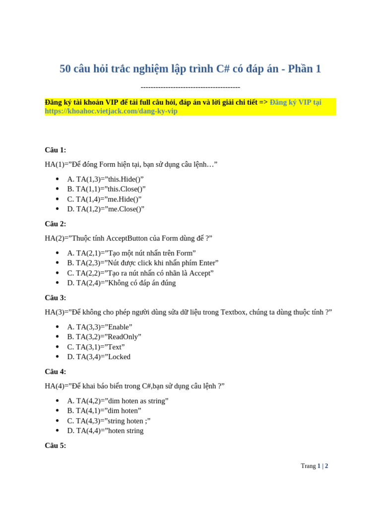 50 Cau Hoi Trac Nghiem Lap Trinh C Co Dap An Phan 1 - 2025 - 05 - 10 | PDF