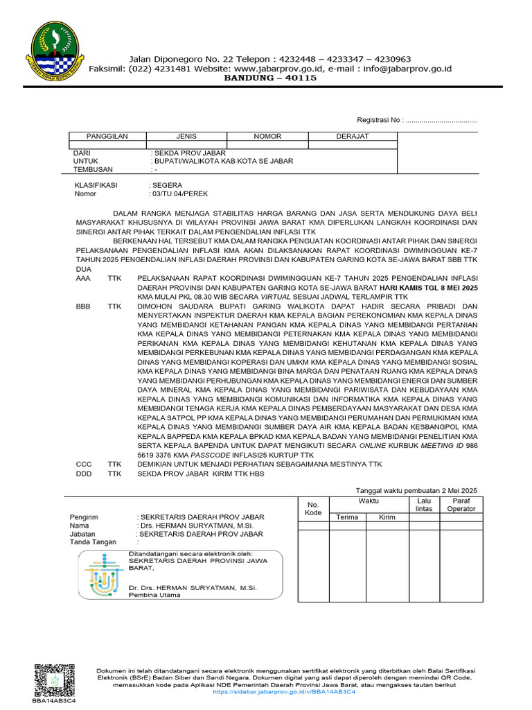 RADIOGRAM Radiogram Undangan Rakor Dwimingguan Ke-7 TPID Prov Dan Kab Kota 06052025 085658809 ...
