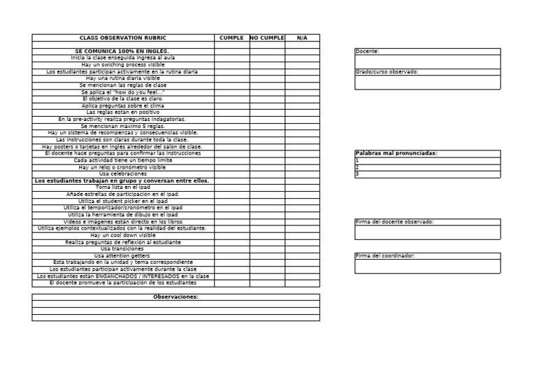 Copia de TEACHERS RUBRIC FOR CLASSES OBSERVATIONS | PDF