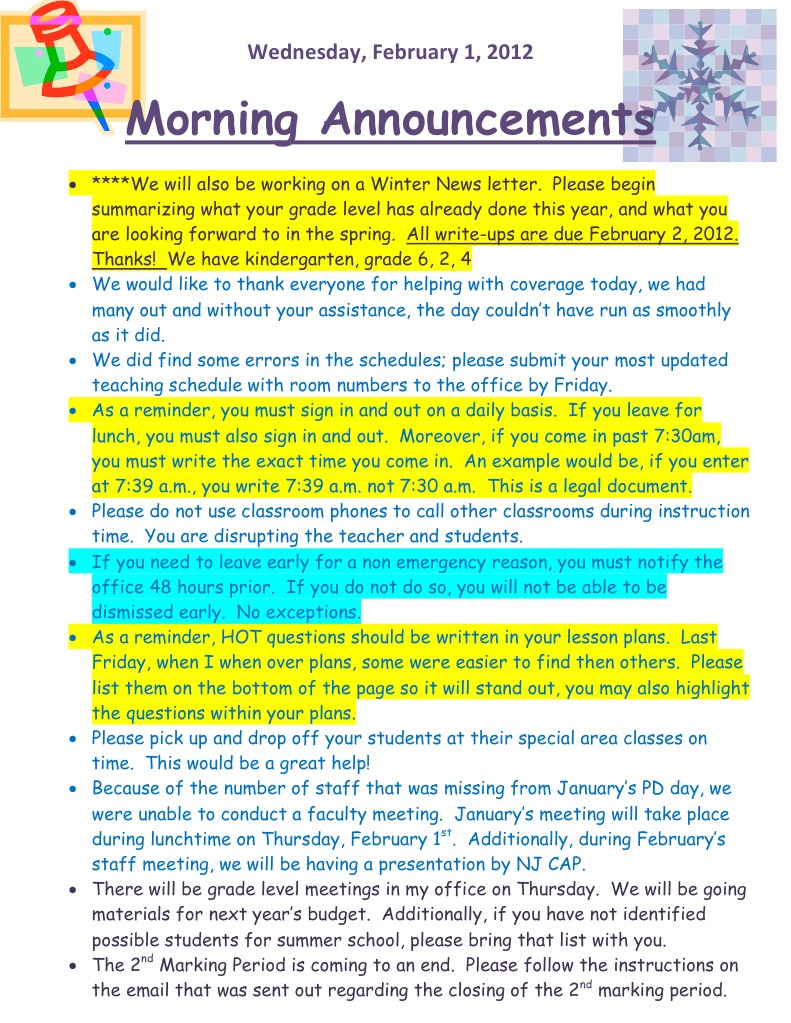 Morning Announcements: Wednesday, February 1, 2012 | PDF | Classroom ...
