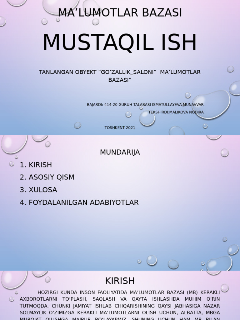 Mustaqil Ish: Ma'Lumotlar Bazasi | PDF