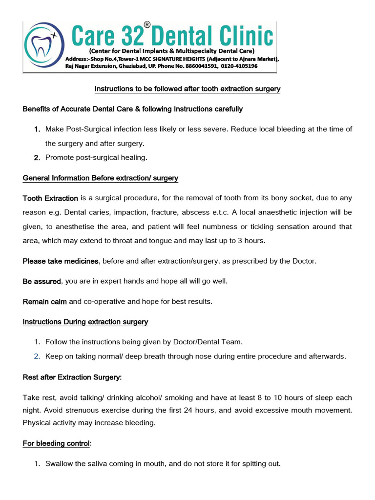 Post-Tooth Extraction Care Instructions | PDF | Health Care | Health ...