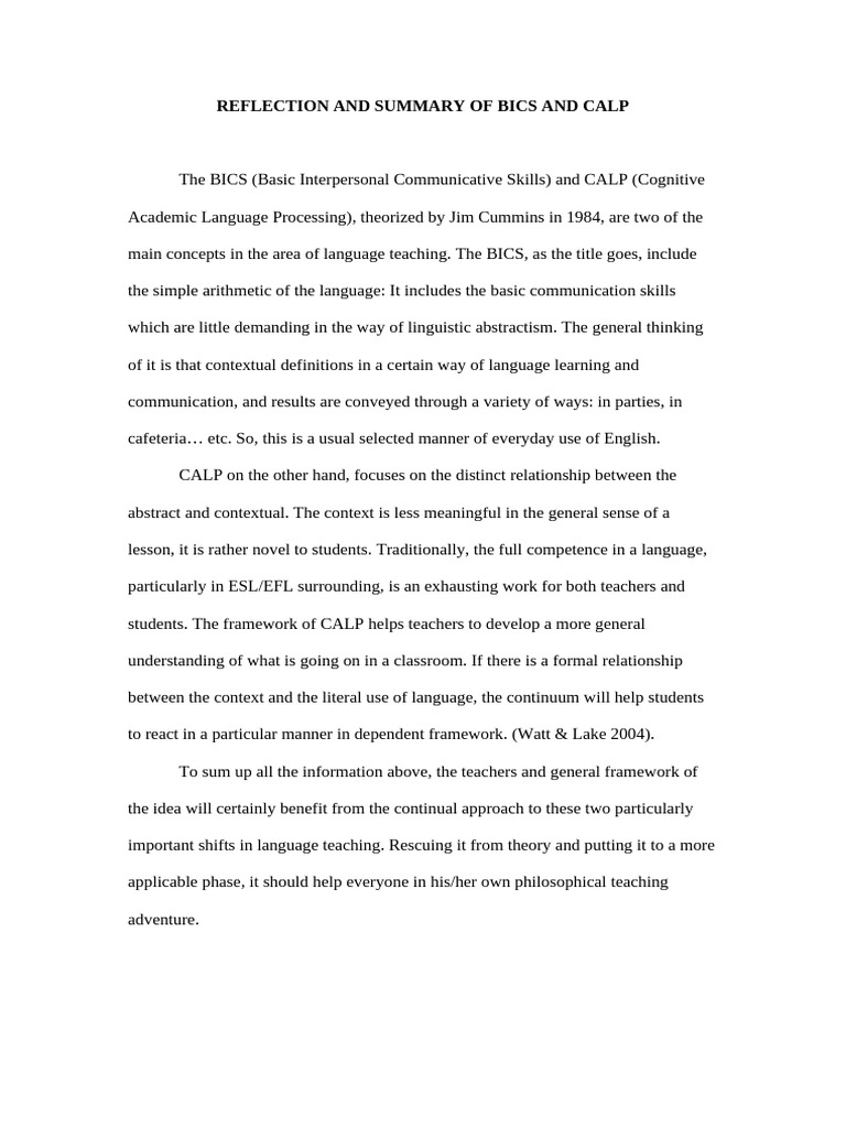 Reflection and Summary of BICS and CALP | PDF
