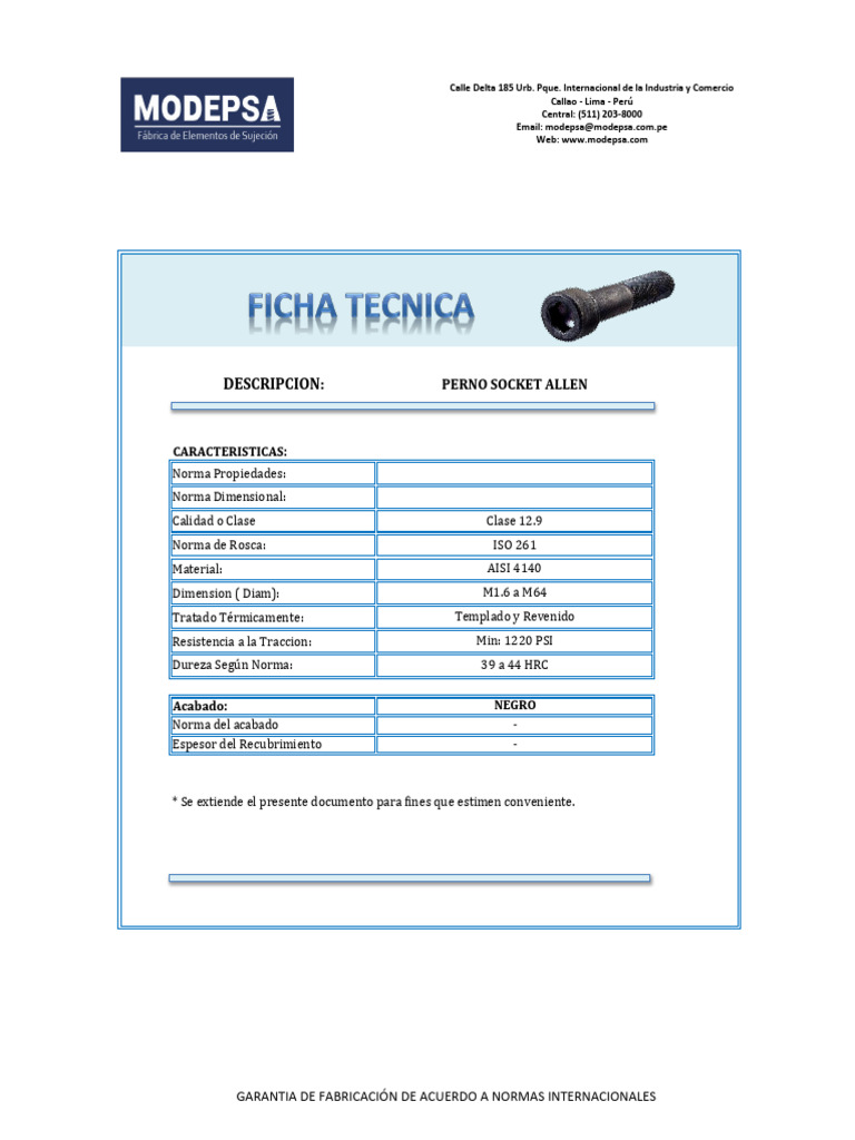 Perno Socket Allen Milimetrico Din 912 Clase 12.9 | PDF