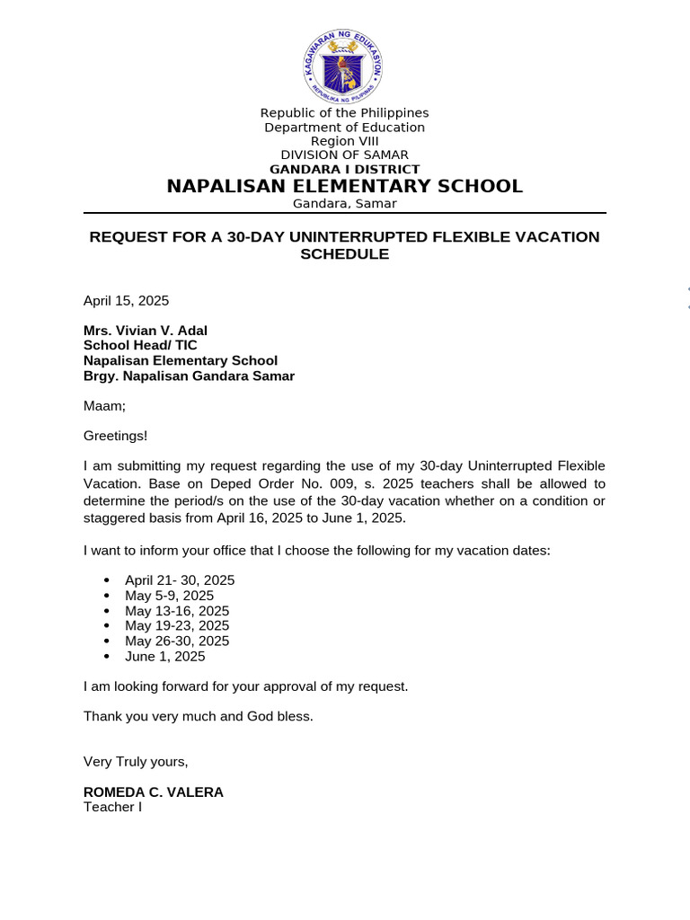Request For Uninterrupted Vacation Romeda | PDF