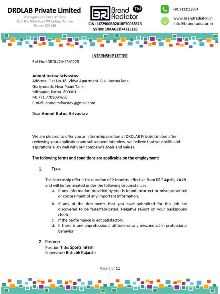 Anmol Ratna Srivastav Internship Letter | PDF | Employment | Intellectual Property