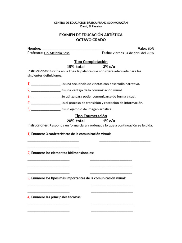 Examen de Educación Artística 8° Grado | PDF | Cómics