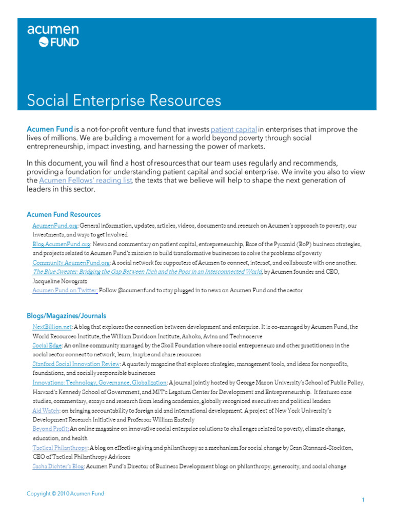 Acumen+Social+Enterprise+Resources | PDF | Social Entrepreneurship | Entrepreneurship