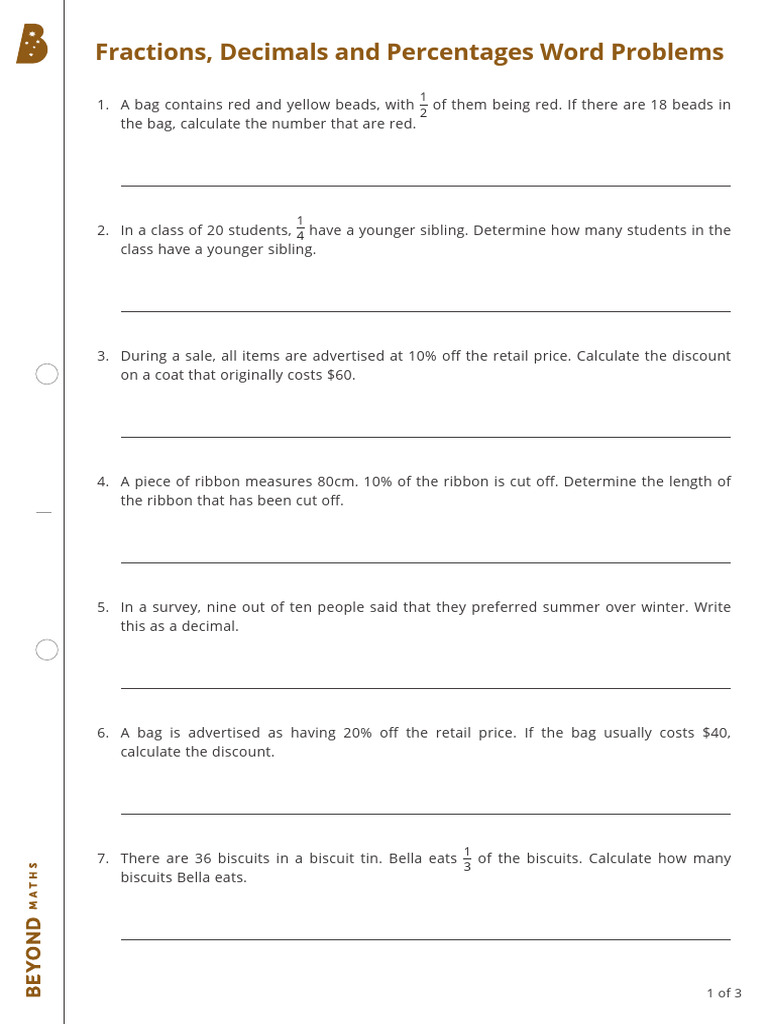 Fractions, Decimals and Percentages Word Problems LA | PDF | Percentage ...