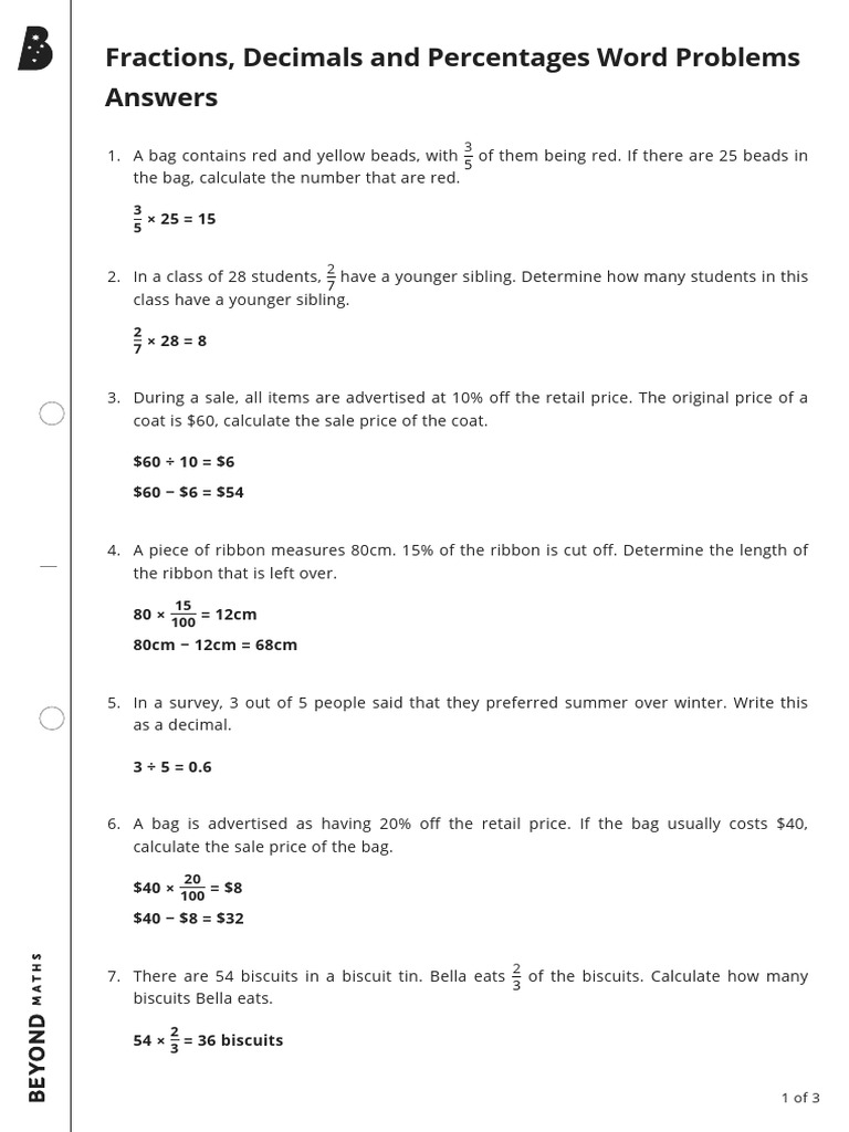 Fractions, Decimals and Percentages Word Problems MA Answers | PDF ...