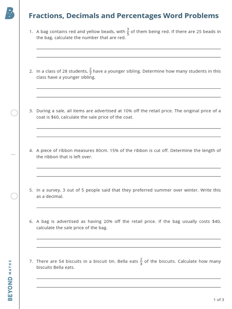 Fractions, Decimals and Percentages Word Problems MA | PDF | Percentage ...