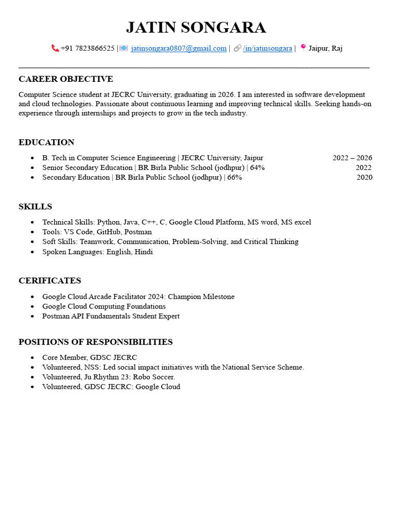 Jatin Songara: Career Objective | PDF