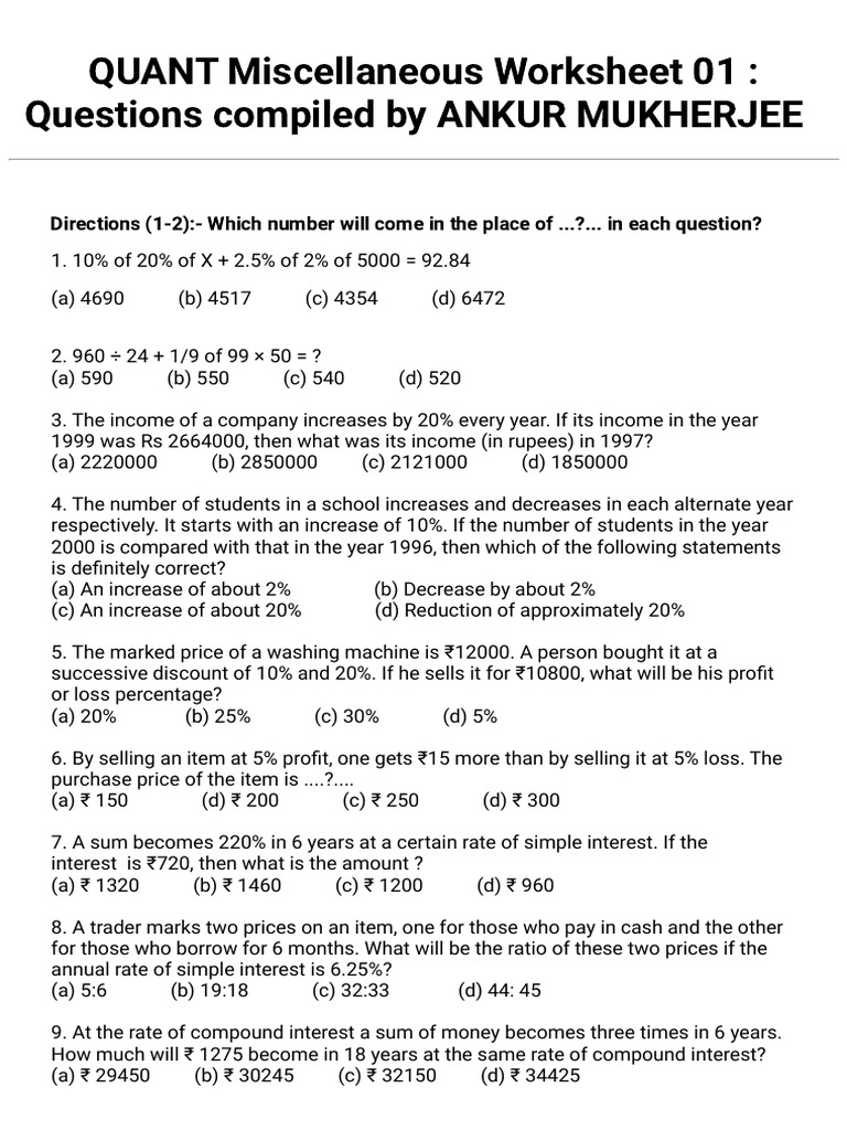Quant Miscellaneous Worksheet 01 | PDF | Interest | Compound Interest