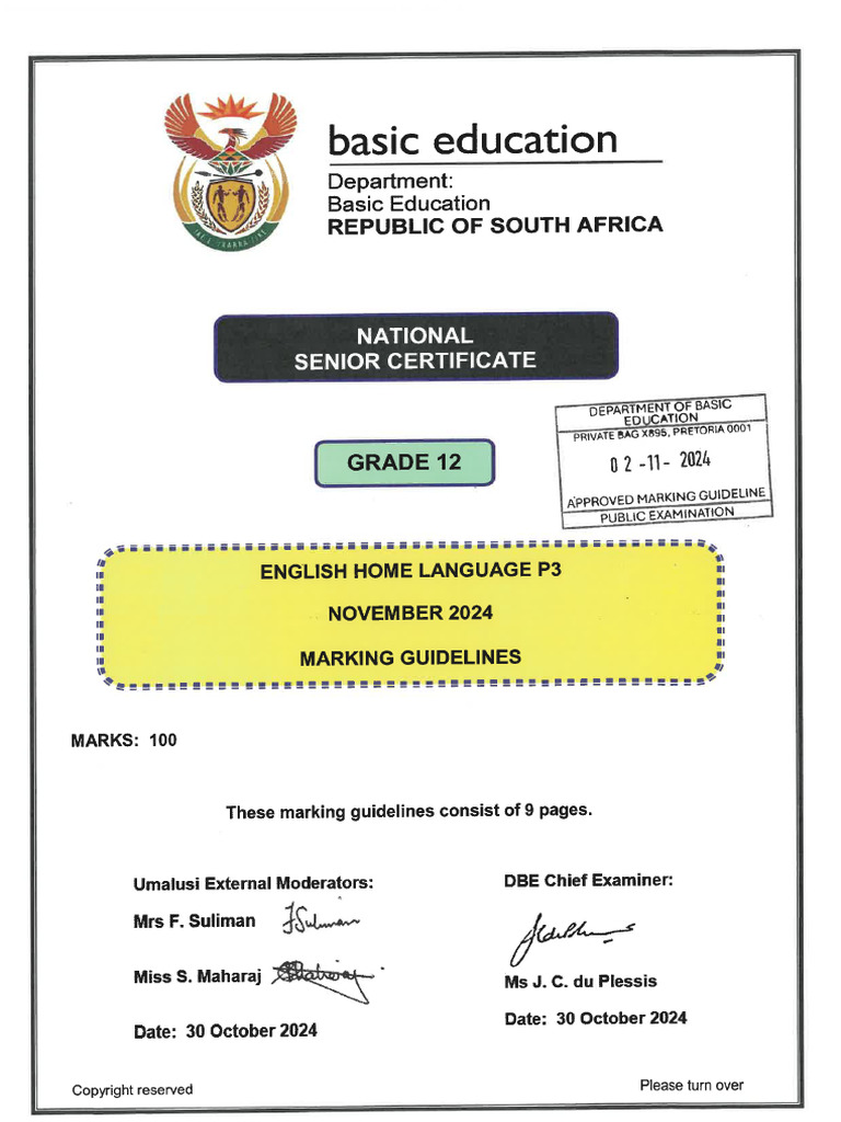 English HL P3 NSC Oct-Nov 2024 Approved Marking Guideline | PDF