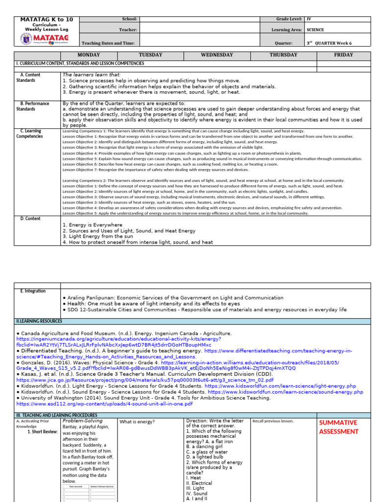 DLL Science 4 q3 w6 Final 1 | PDF | Learning | Light