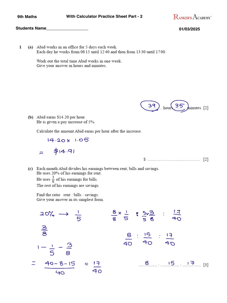 9th Maths With Calculator Practice Sheet Part - 2(01-03-25) (1) | PDF ...