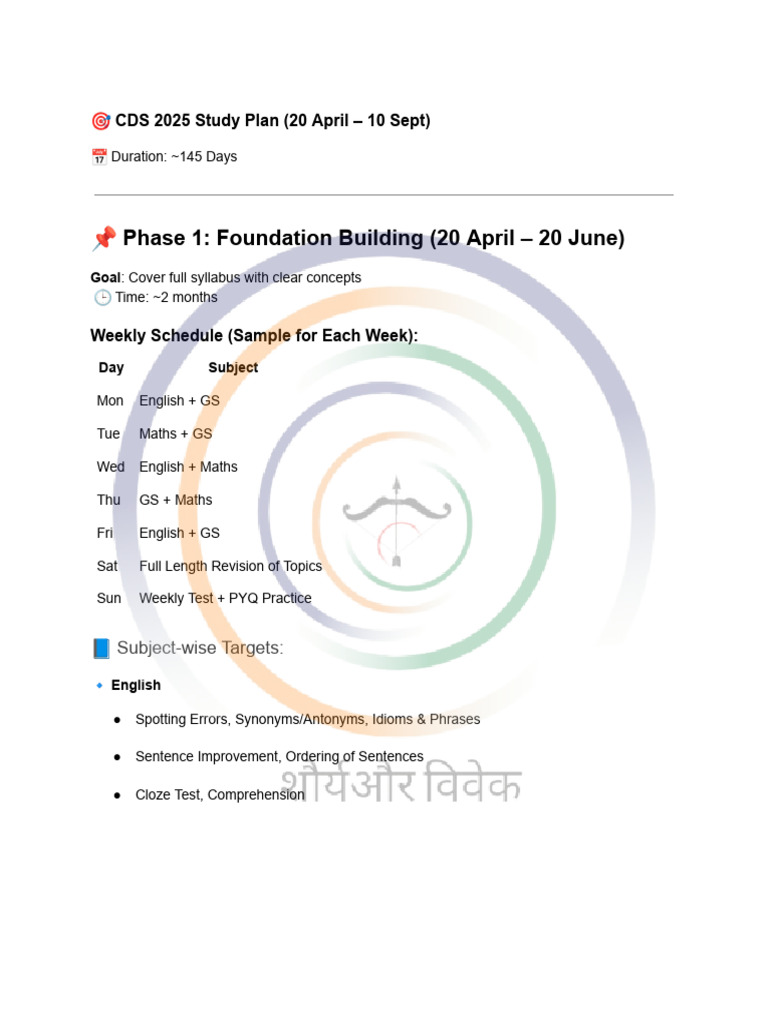CDS 2025 Study Plan Overview | PDF | Mathematics | Science