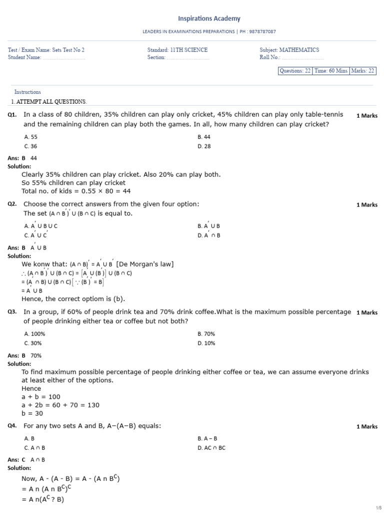 Sets Test No 2-11th Science-mathematics-Answersheet | PDF