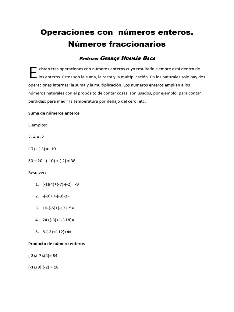 Operaciones con Números Enteros y Fracciones | PDF | Entero | Teoría de ...