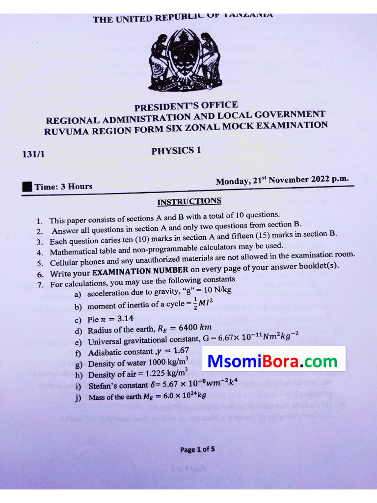 Phy 1. F6 Zonal Ruvuma | PDF