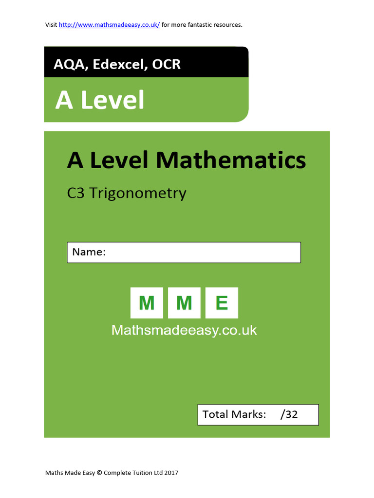 A Level Maths Trigonometry Questions | PDF | Trigonometric Functions ...