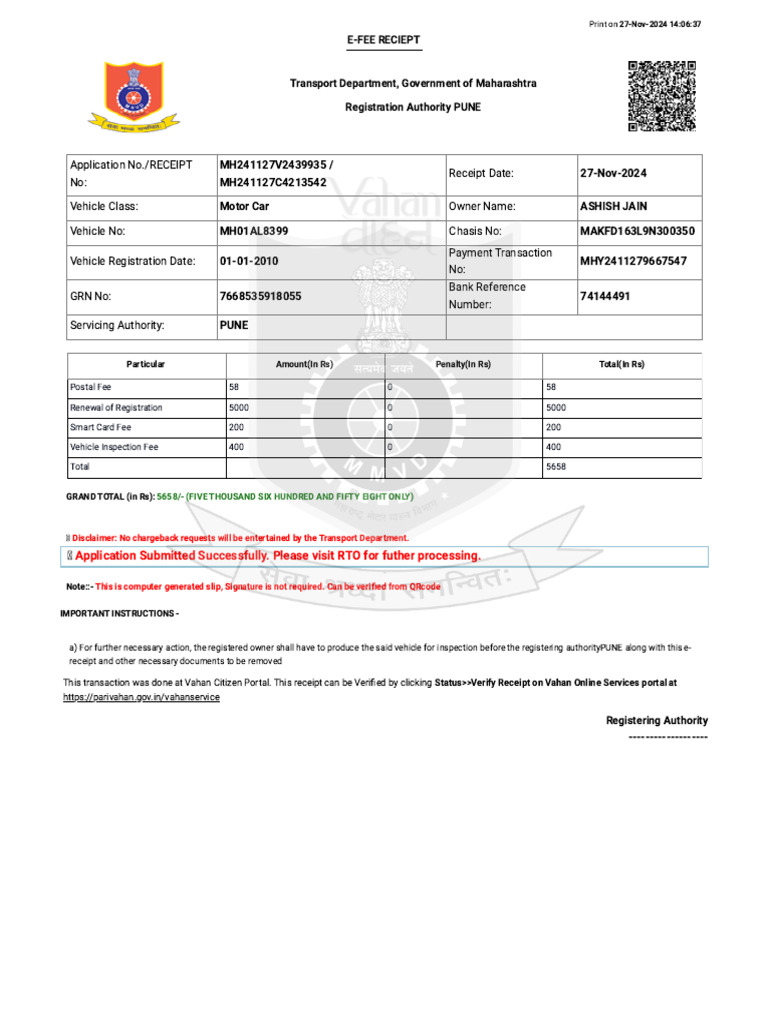 Vahan 4.0 Vehicle Registration Receipt | PDF | Receipt
