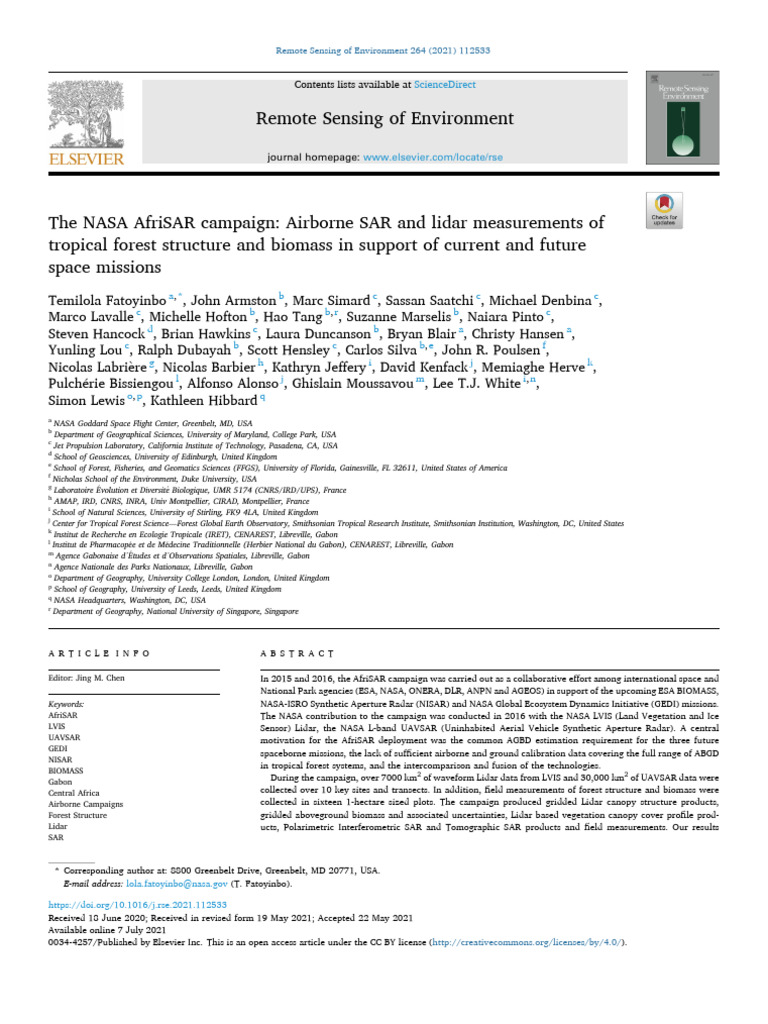 Airborne SAR Lidar Measurements Tropical Forest Structure and Biomass 2021 | PDF | Lidar ...