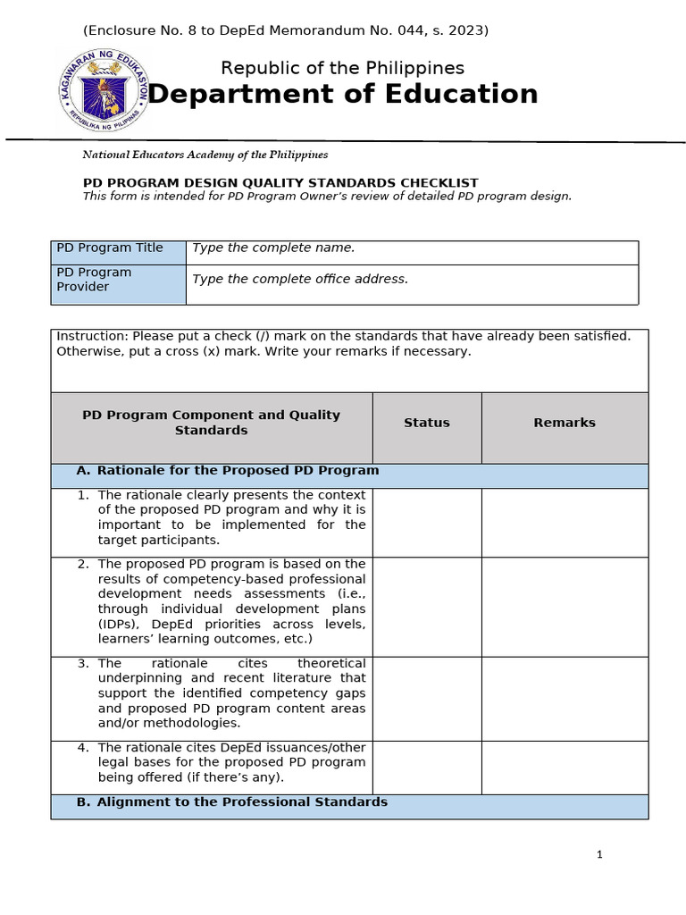 Enclosure No. 8 PD Progrm Design QS Checklist | PDF | Educational Assessment | Learning