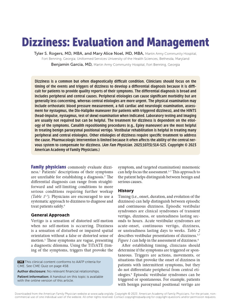 AAFP Dizziness - Evaluation and Management | PDF | Vertigo | Ménière's ...
