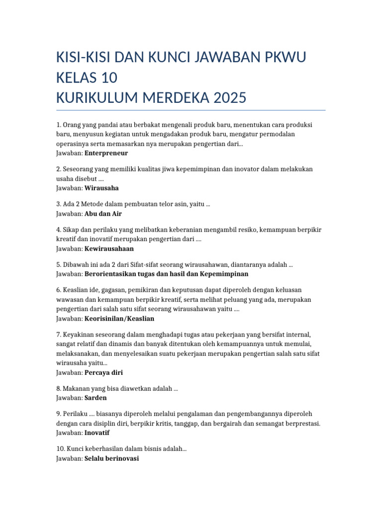 Kisi-Kisi PKWU Kelas 10 Merdeka 2025 | PDF
