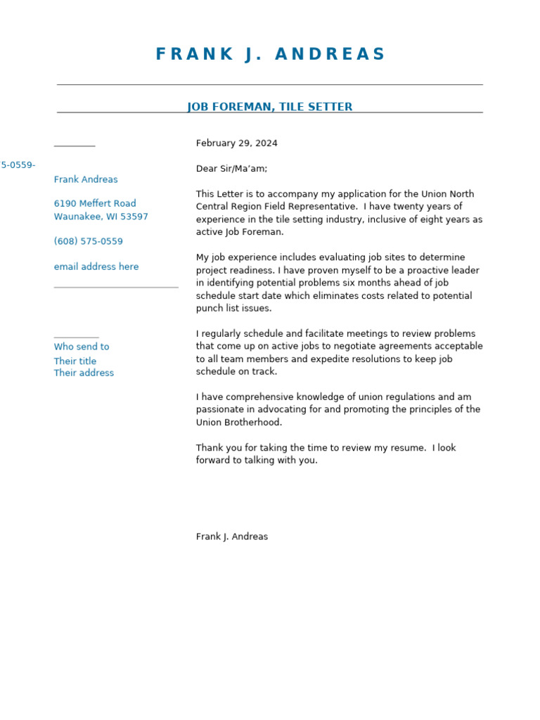 Frank Cover Letter | PDF