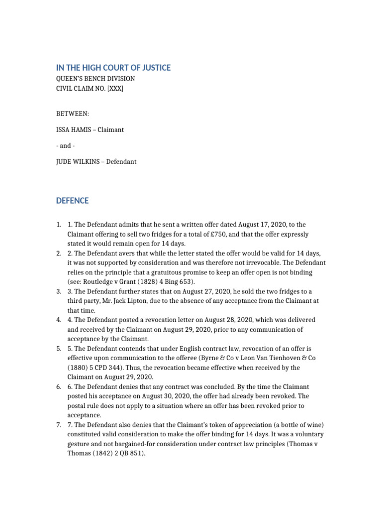 Defendant Court Submission Issa Hamis V Jude Wilkins | PDF | Legal ...