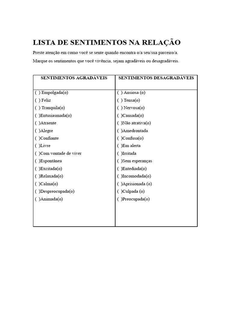 Lista de Sentimentos Na Relação | PDF