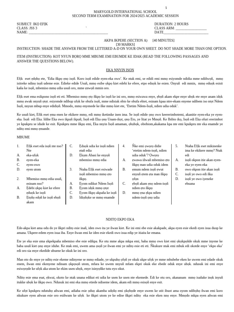 Jss 3 Efik Language For 2nd Term 2024-2025 Academic Session | PDF