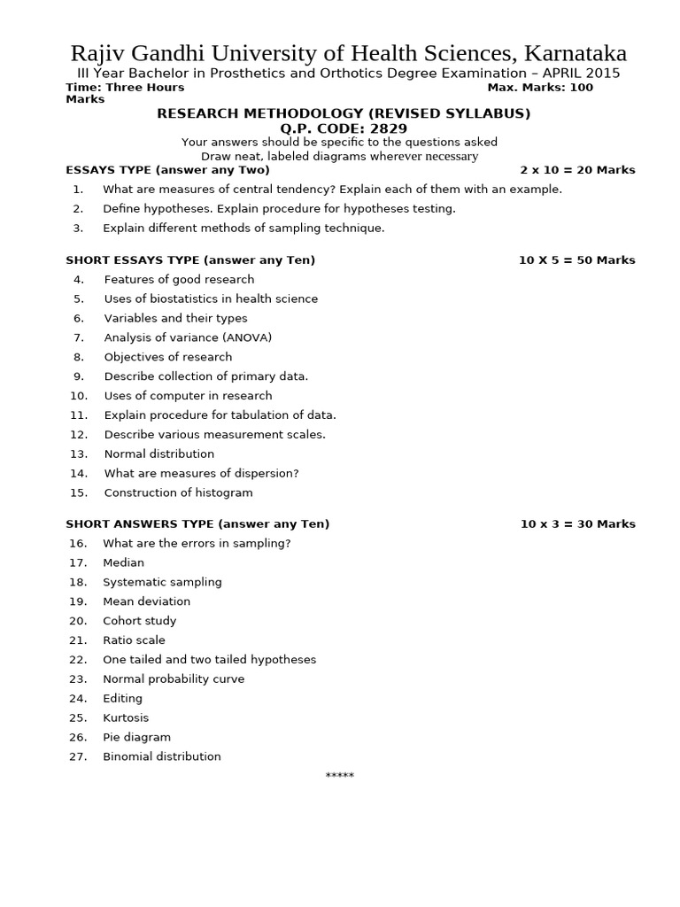 RGUHS Research Methodology Exam Paper | PDF