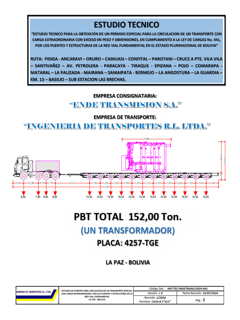 01 Estudio Ingetrans PBT 152,00 Ton Placa 4257-Tge Ver.1 | PDF | Business | Transporte