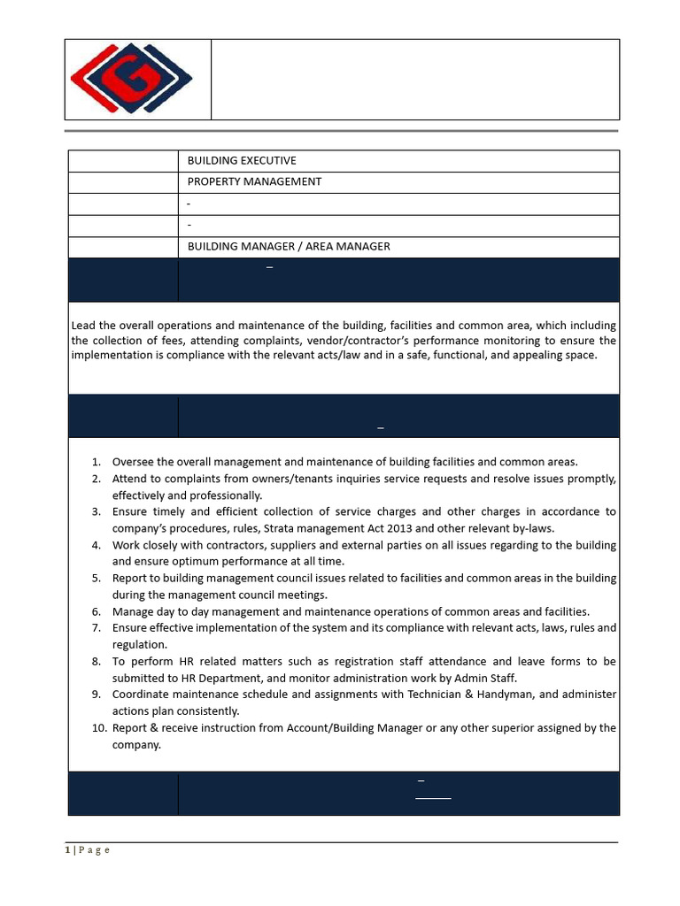 Building Executive Job Description | PDF | Regulatory Compliance ...